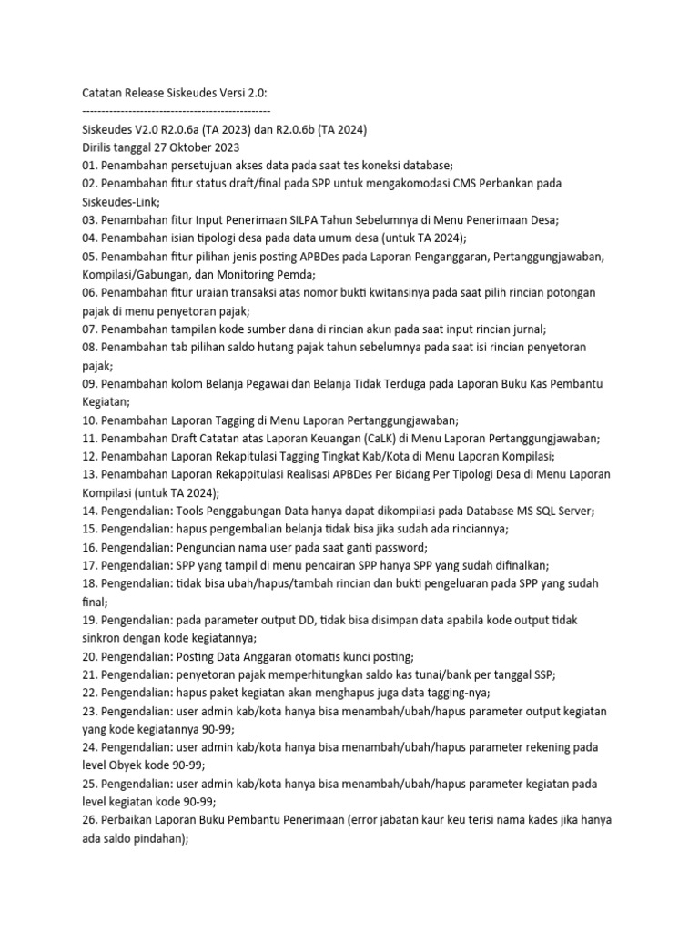 Catatan Release Siskeudes Versi 2.0 2024 | PDF