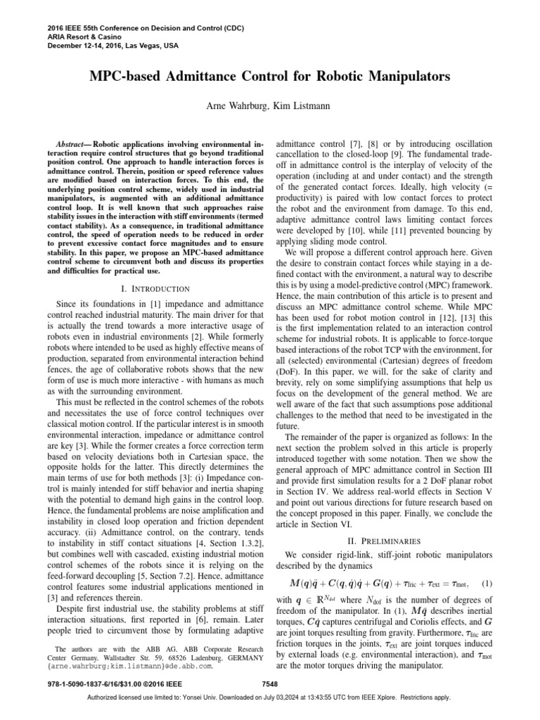 MPC-based Admittance Control For Robotic Manipulators | PDF | Force ...