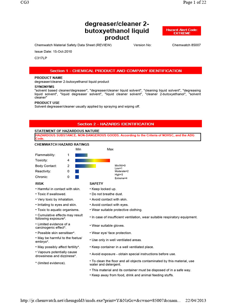 2 Butoxyethanol MSDS | PDF | Toxicity