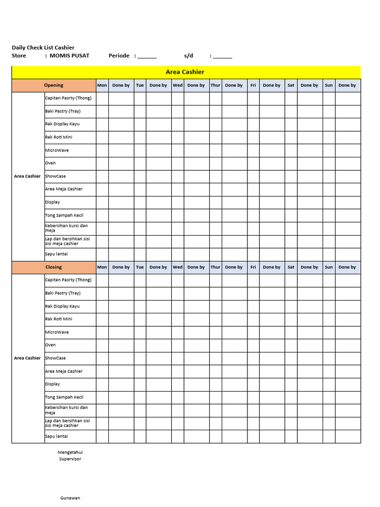 Daftar Cek Harian Kasir Bakery | PDF