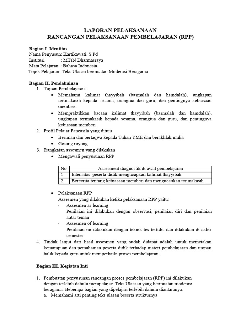 Laporan RPP Moderasi Beragama Teks Ulasan Nikita | PDF