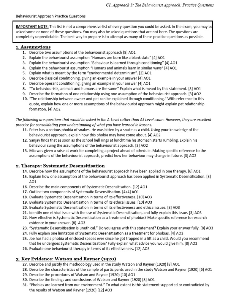 Behaviourist Approach Practice Questions | PDF | Behaviorism | Methodology