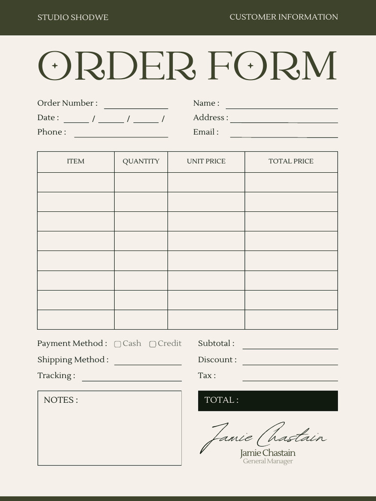 Beige Monochrome Order Form Page A4 Document | PDF