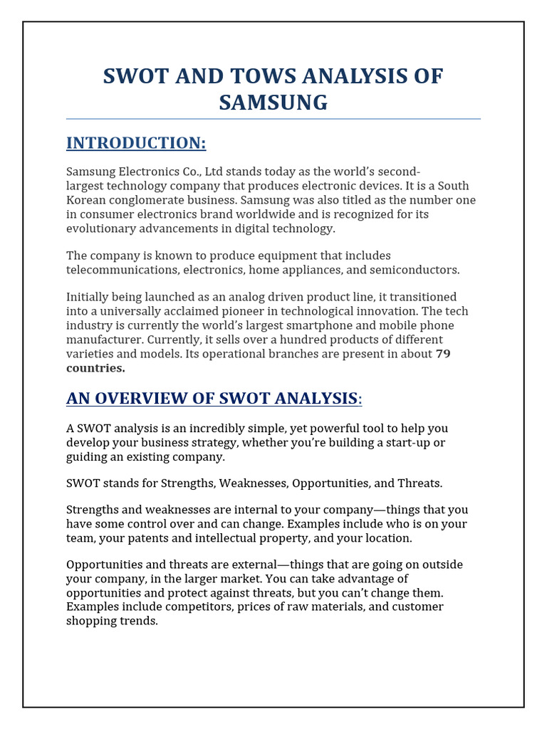 Samsung SWOT & TOWS Analysis | PDF | Samsung | Swot Analysis
