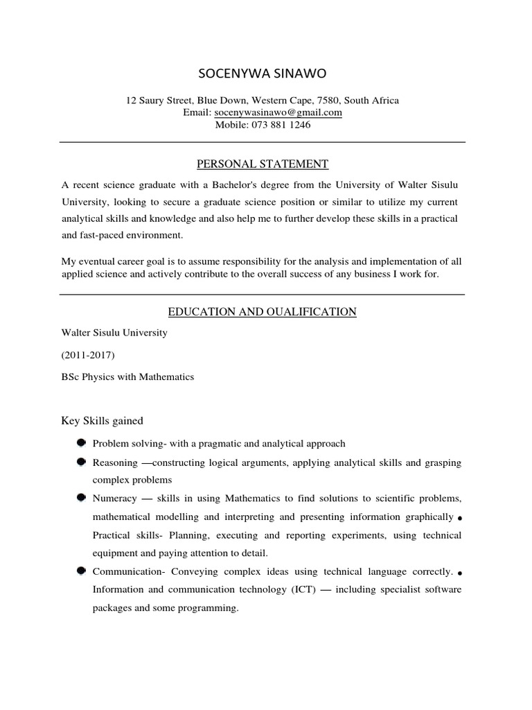 Socenywa Sinawo: Personal Statement | PDF | Mathematics | Science