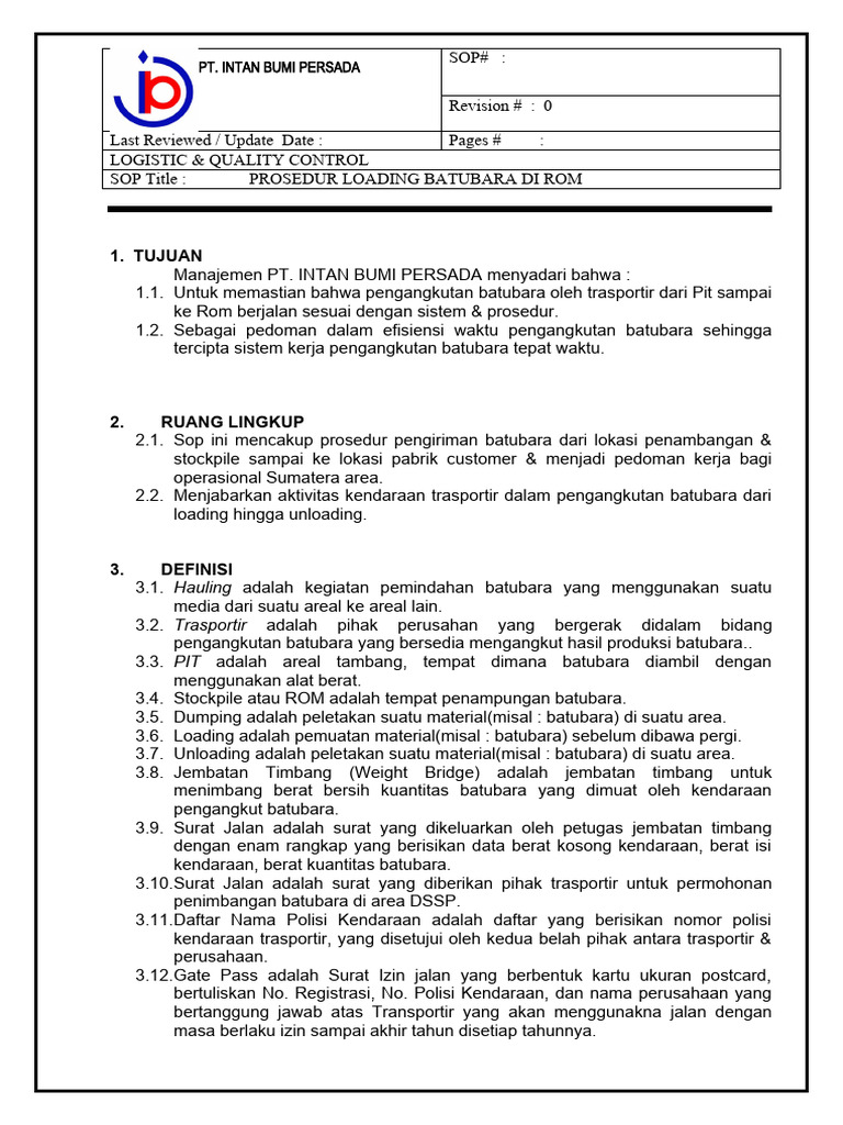 SOP Coal Loading ROM | PDF