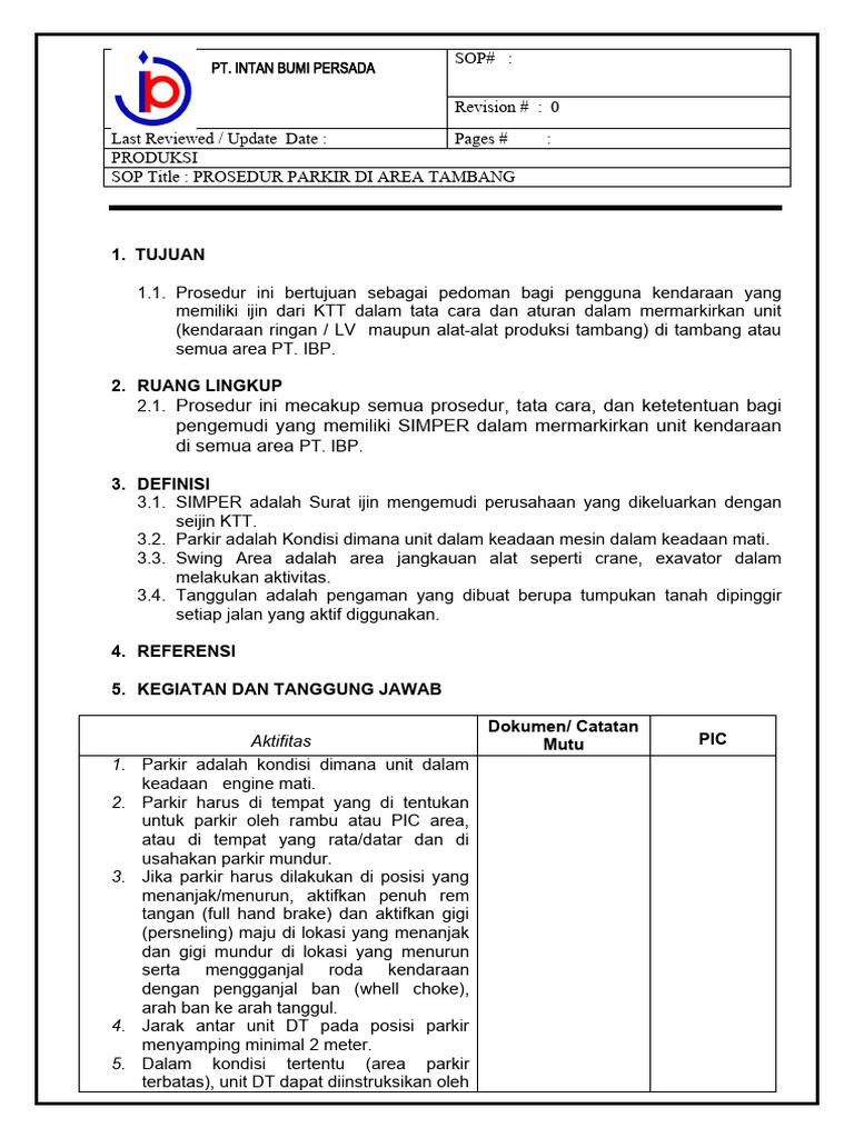 SOP - Parkir Di Area Tambang | PDF