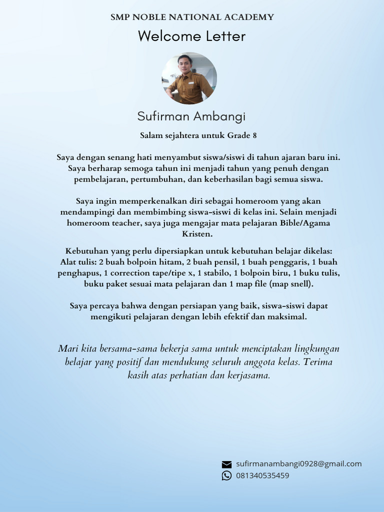 Welcome Letter Grade 8 SMP Noble | PDF