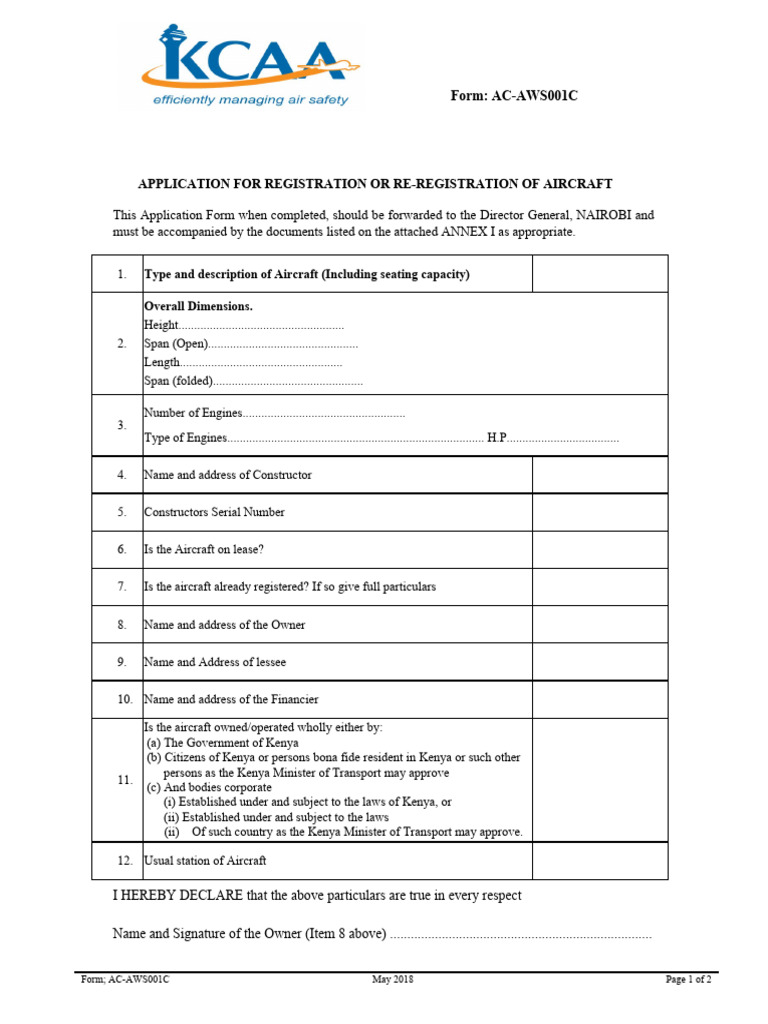 Form AC-AWS001C Application For Registration or Re-Registration of Aircraft | PDF | Aircraft