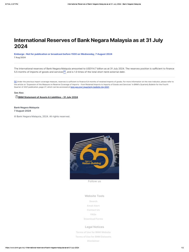 Bank Negara Malaysia Reserves July 2024 | PDF | Economies | Banking