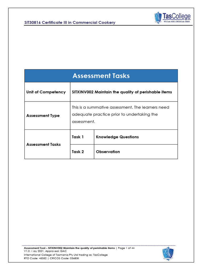 SITXINV002 - V1.0 - Assessment 1 & 2 Completed | PDF | Foodborne ...