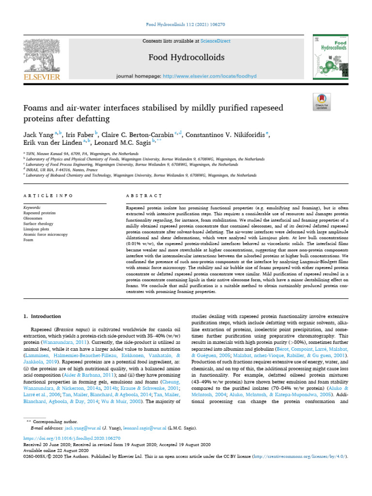 Yang Et Al., 2021, Foams and Air-Water Interfaces Stabilised by Mildly ...