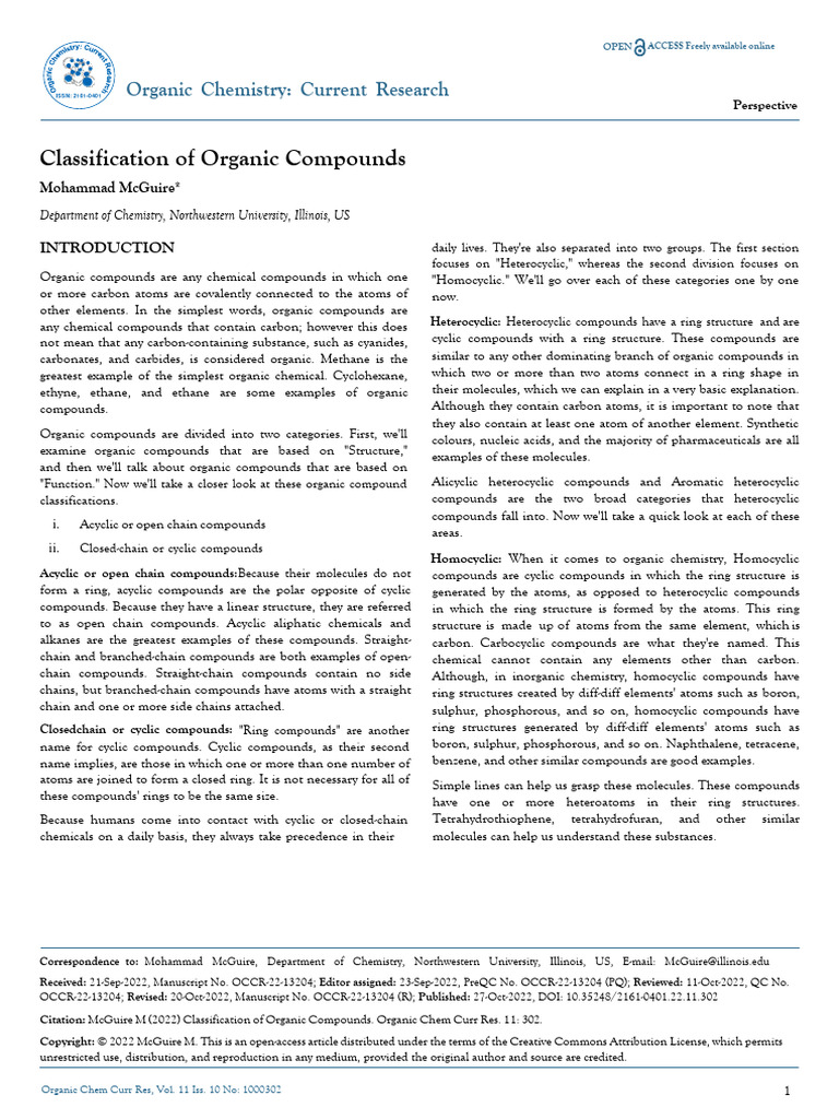 Classification of Organic Compounds | PDF | Organic Compounds | Chemistry