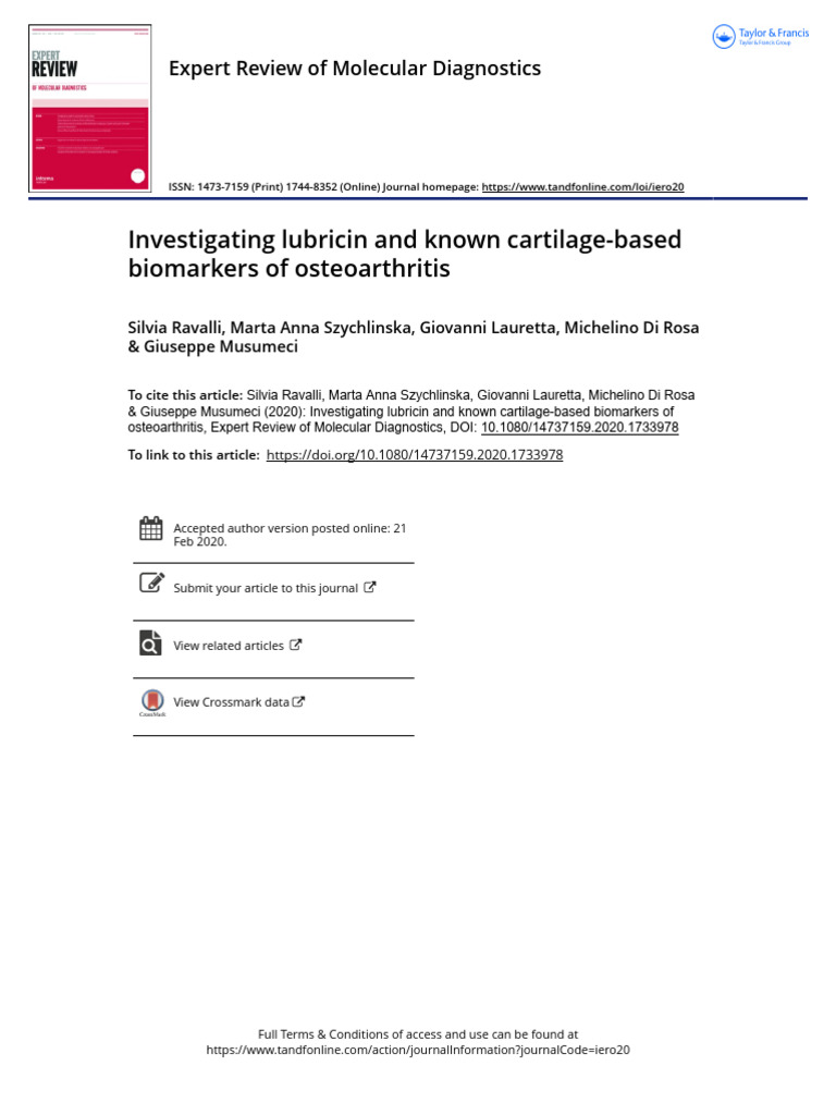 Lubricin and Biomarkers in Osteoarthritis | PDF | Cartilage | Metabolomics