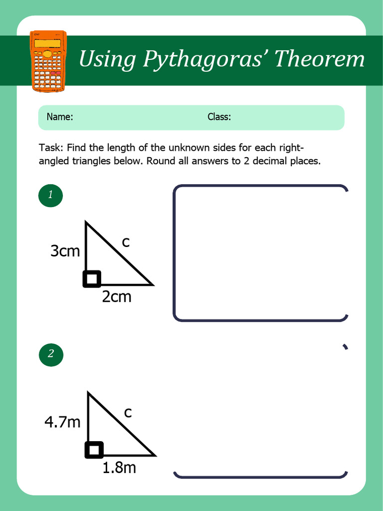 Using Pythagoras' Theorem Maths Digital Worksheet in in Green Orange ...