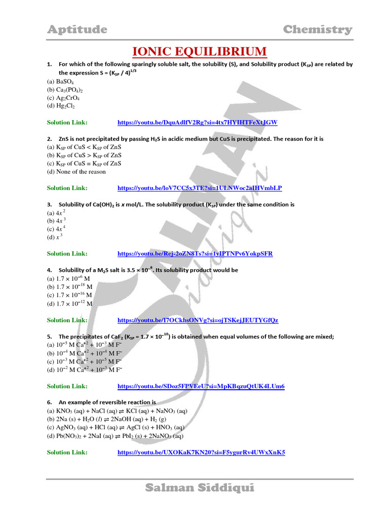 Aptitude 9 - Ionic Equilibrium (Solution Link) | PDF | Solubility | Precipitation (Chemistry)