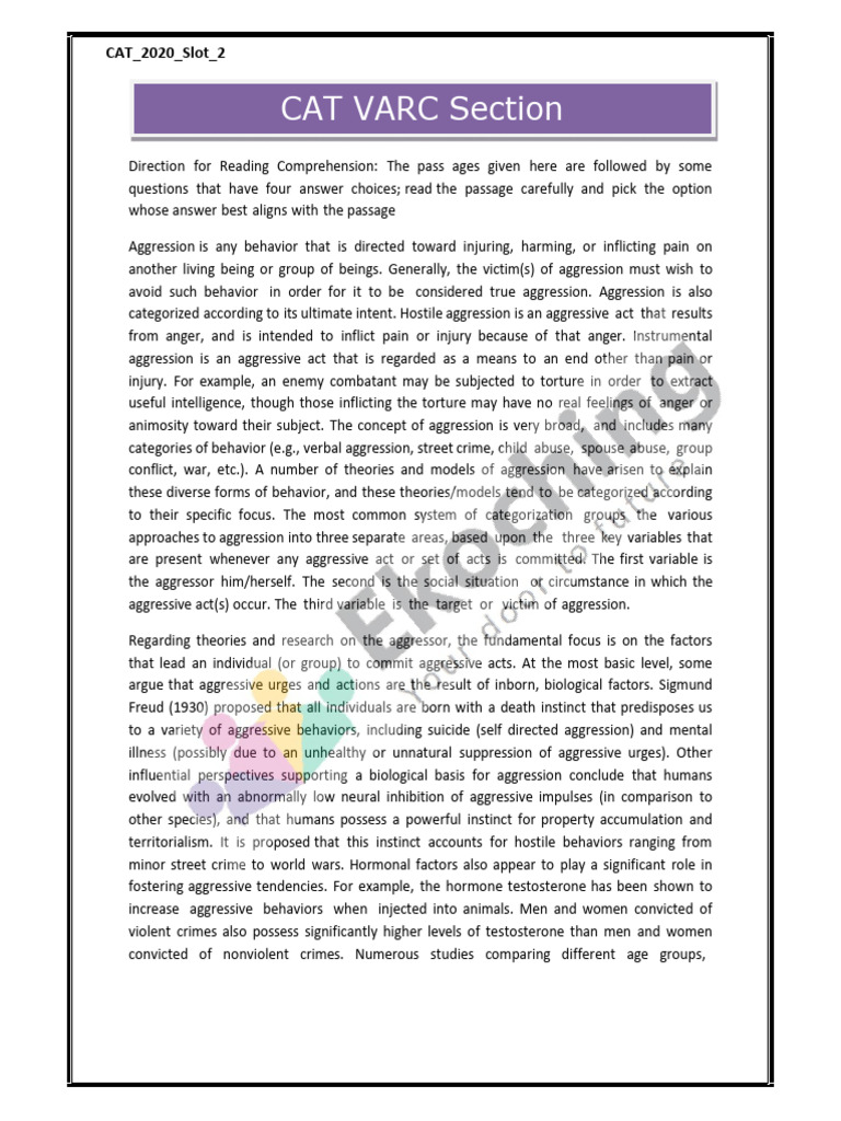 CAT 2020 VARC Slot 2 Analysis | PDF | Aggression | Piracy