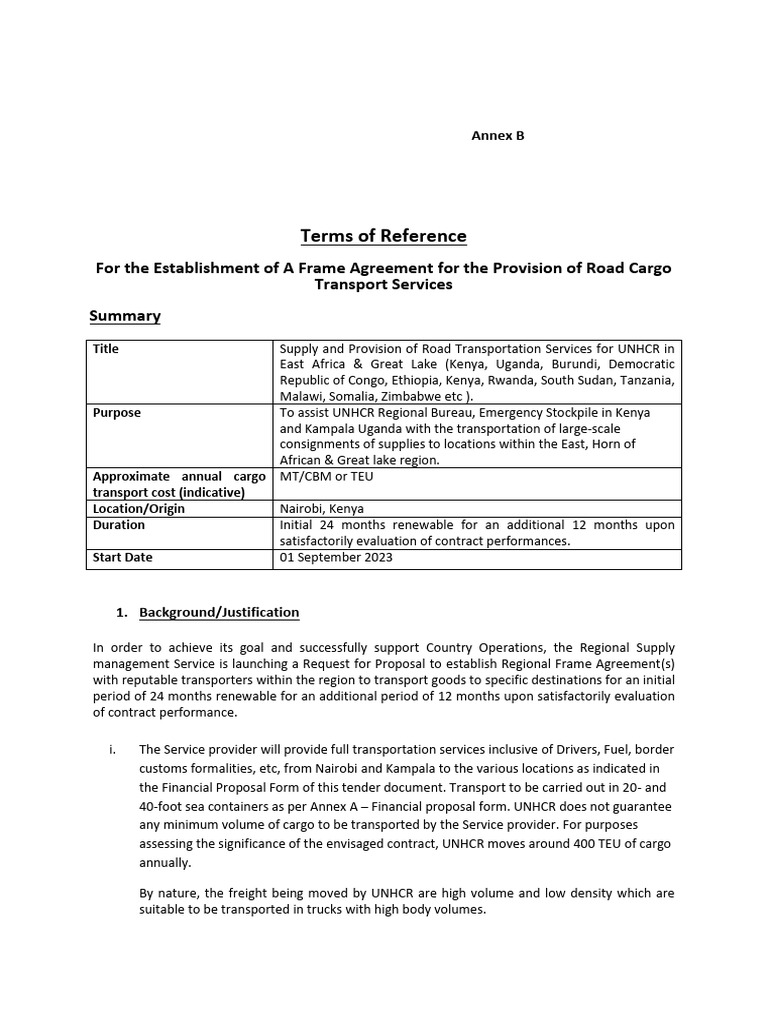 Annex B Terms of Reference - Transport RFA 2023 | PDF | Cargo | Kenya