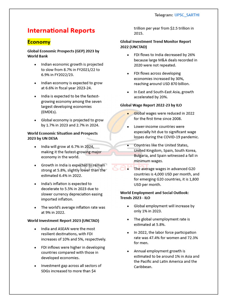 International Reports by UPSC SARTHI | PDF | Cost Of Living | Economic ...
