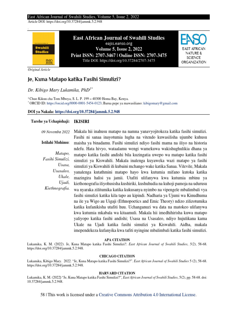 Je Kuna Matapo Katika Fasihi Simulizi | PDF