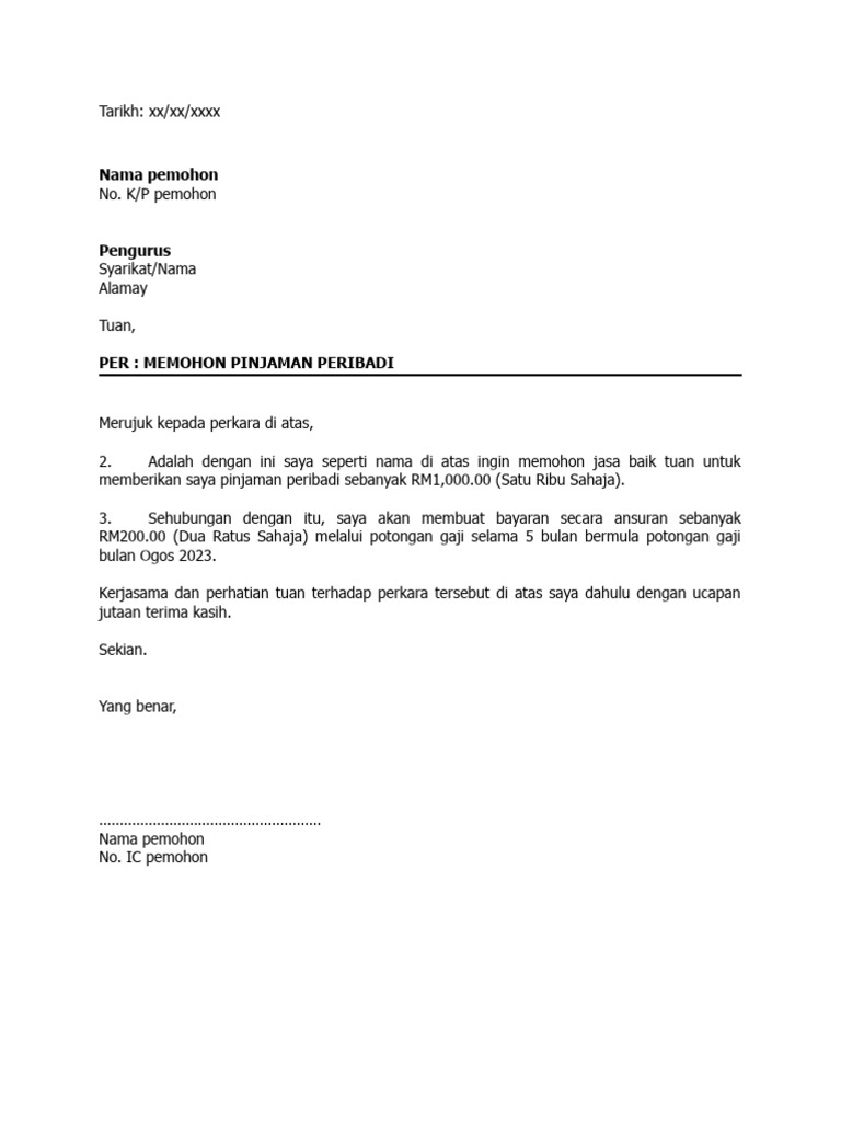 Contoh Surat Memohon Pinjaman Peribadi | PDF | Pengelolaan Keuangan & Uang