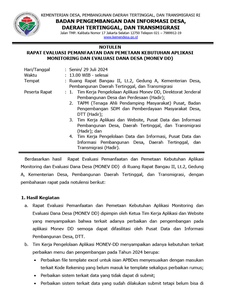 20240729-NOTULEN Rapat Aplikasi MONEV DD | PDF