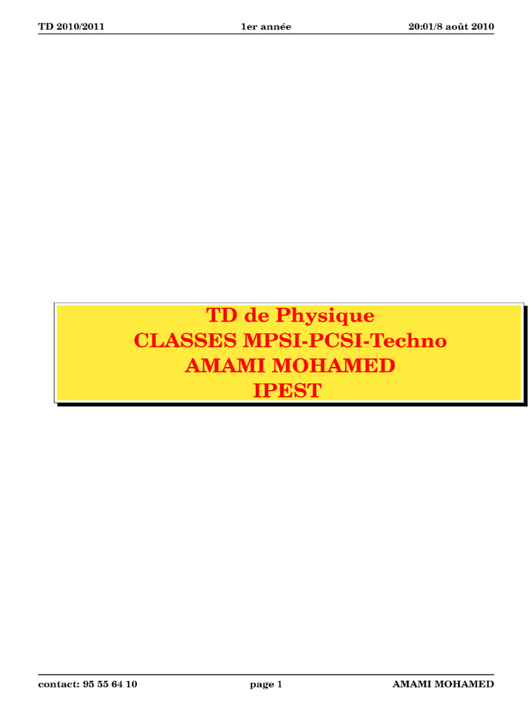 TD de Physique Classes Mpsi-Pcsi-Techno Amami Mohamed Ipest - PDF Téléchargement Gratuit | PDF