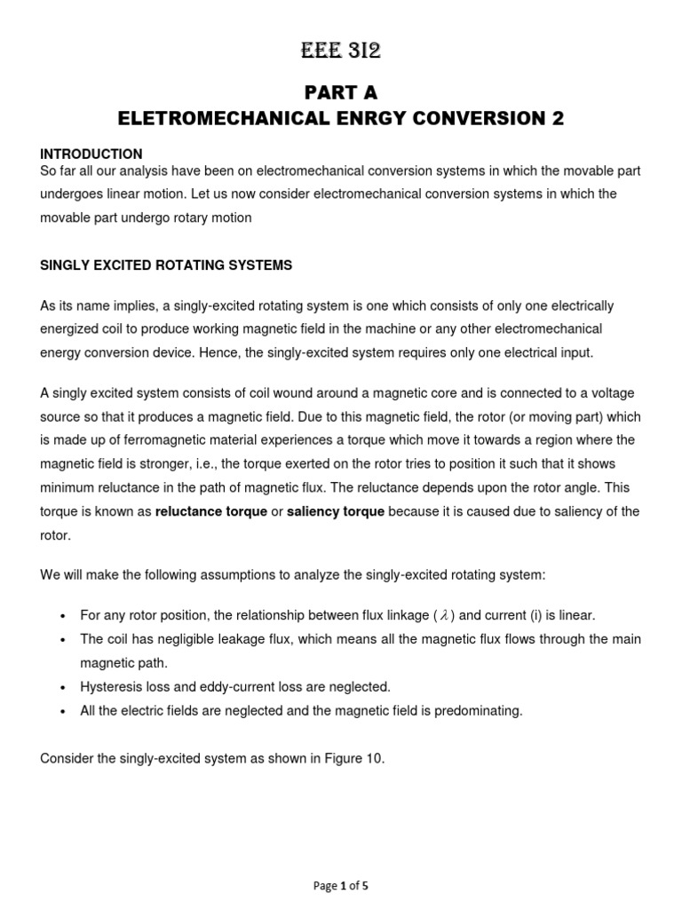 Eee 312 Part A Electromechanical Energy Conversion 2 N | PDF | Inductor | Magnetic Field