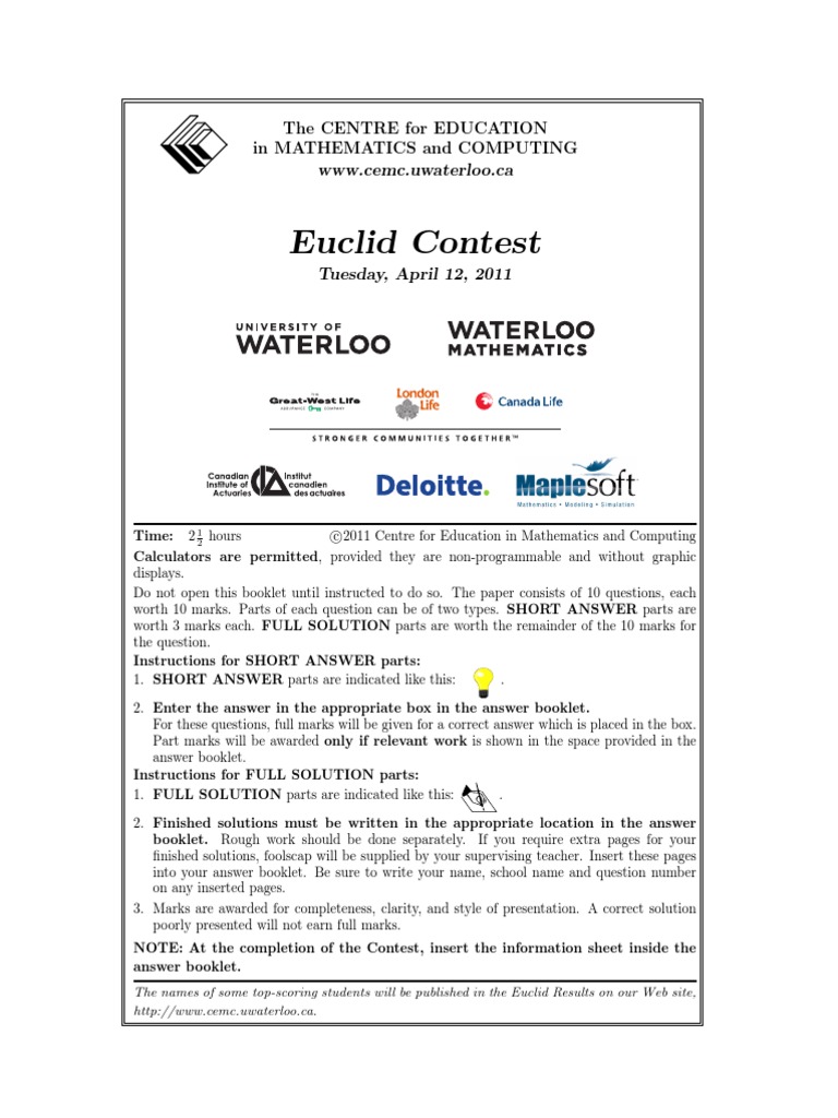 Euclid Combined Contest | PDF | Circle | Sine