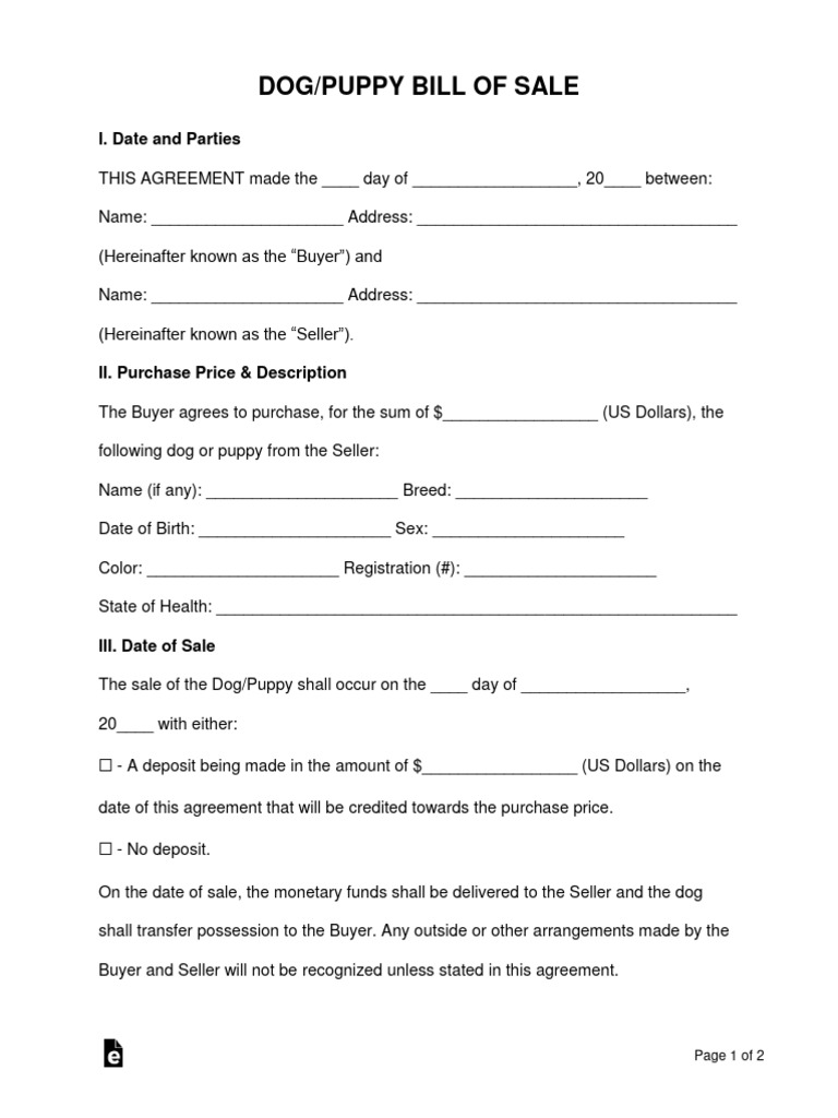 Dog Puppy Bill of Sale Form | PDF | Sales