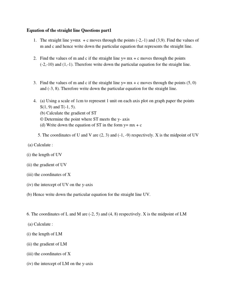 Equation of The Straight Line Questions Part1 PDF | PDF