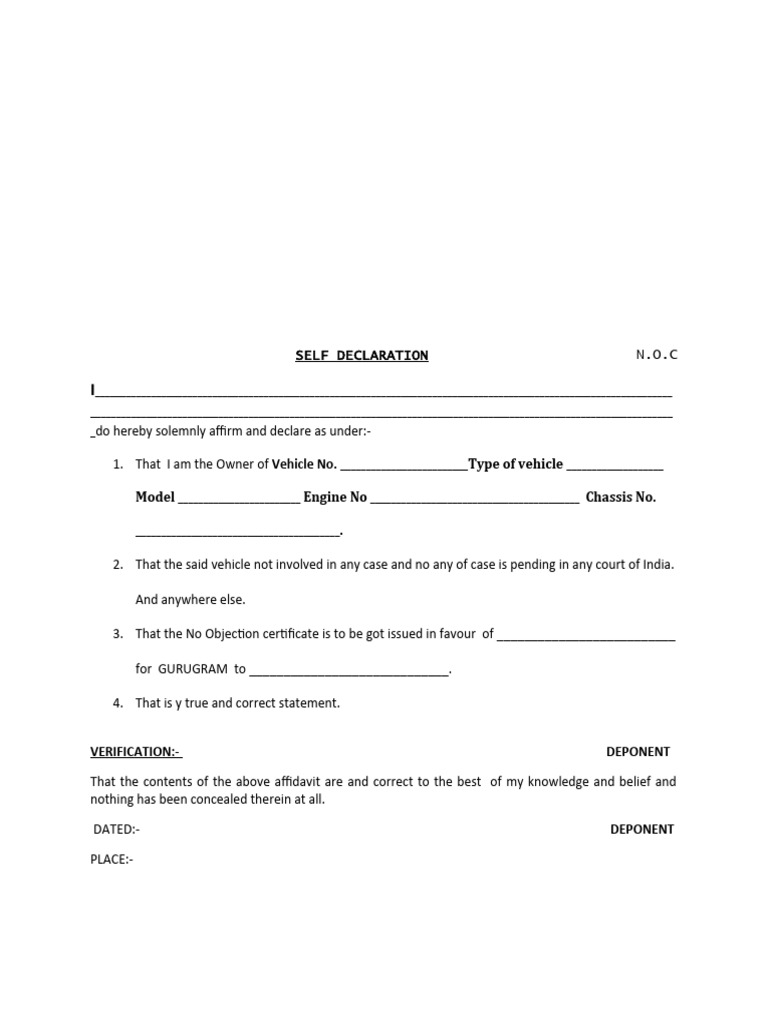 Vehicle NOC Self Declaration Affidavit | PDF
