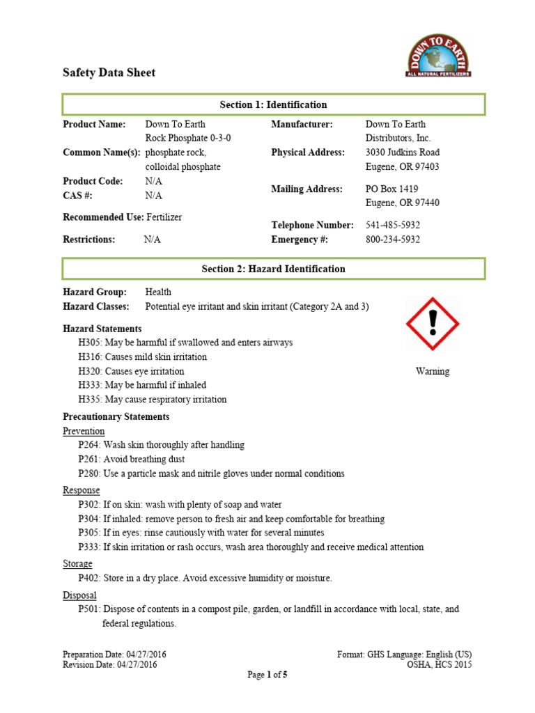 Rock Phosphate Safety Data Sheet | PDF | Waste Management | Dangerous Goods