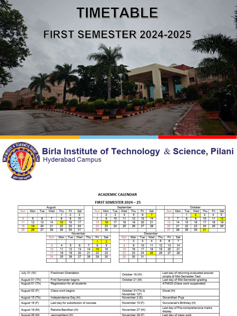 TimeTable Sem 1 2024 - 25 BITS PIlani | PDF | Academic Term | Academia