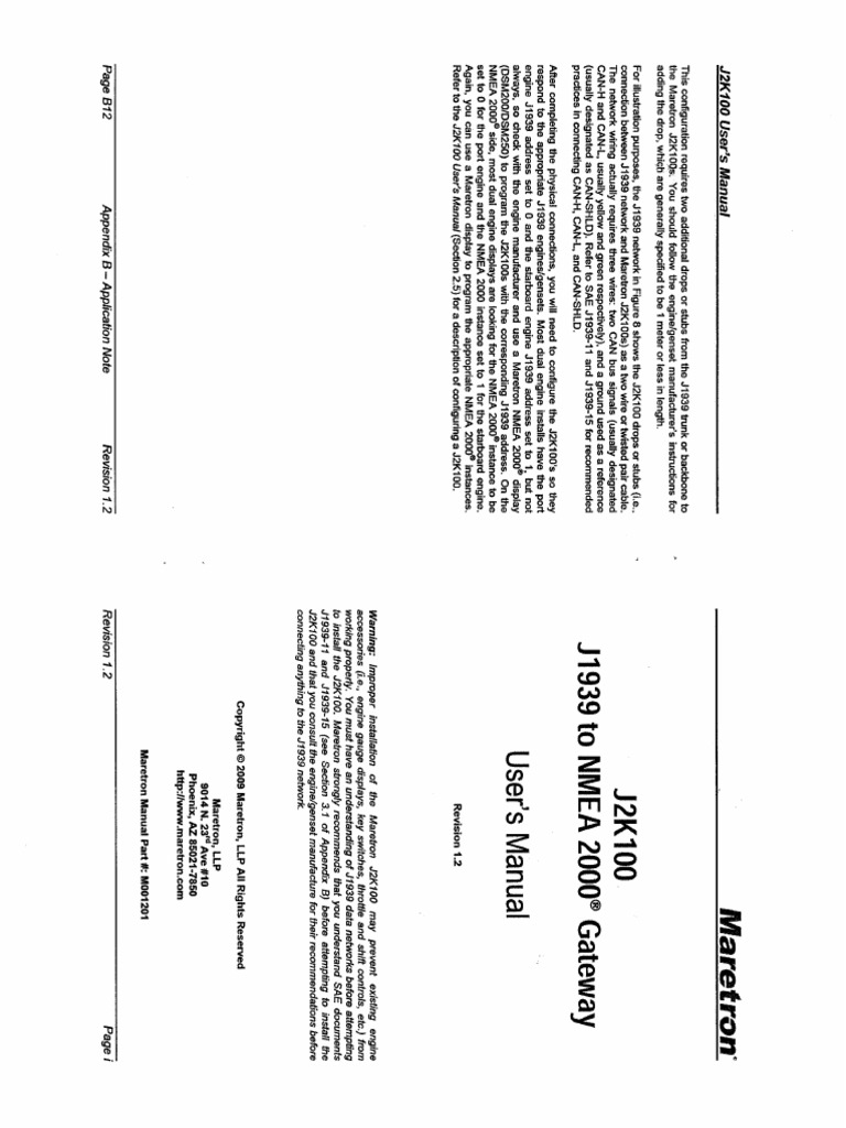 Maretron J2K100 J1939 To NMEA 2000 Gateway Users Manual (#M001201 ...