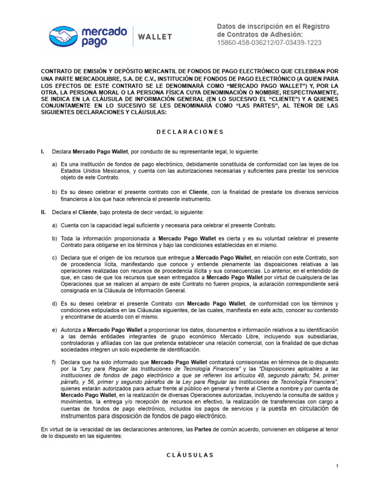 v.10. Contrato de Emision y Deposito Mercantil de Fondos de Pago Electronico (Limpiospei) | PDF ...