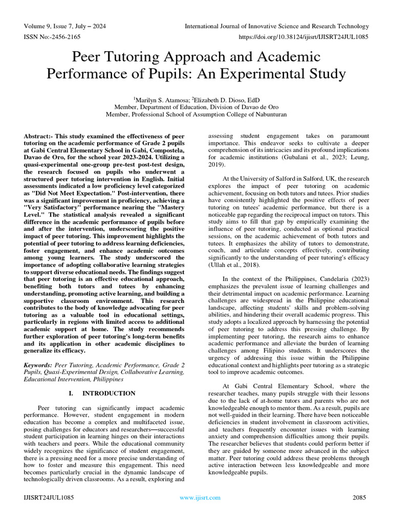 Peer Tutoring Approach and Academic Performance of Pupils: An Experimental Study | PDF ...
