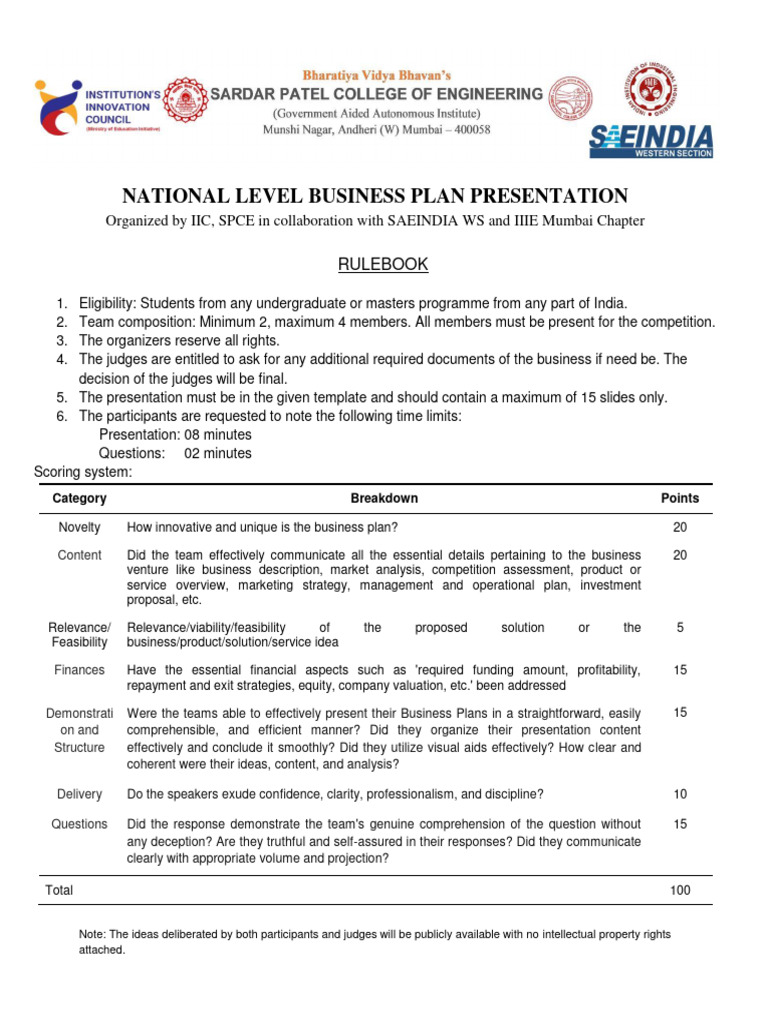 NATIONAL LEVEL BUSINESS PLAN PRESENTATION - Rulebook | PDF | Business ...