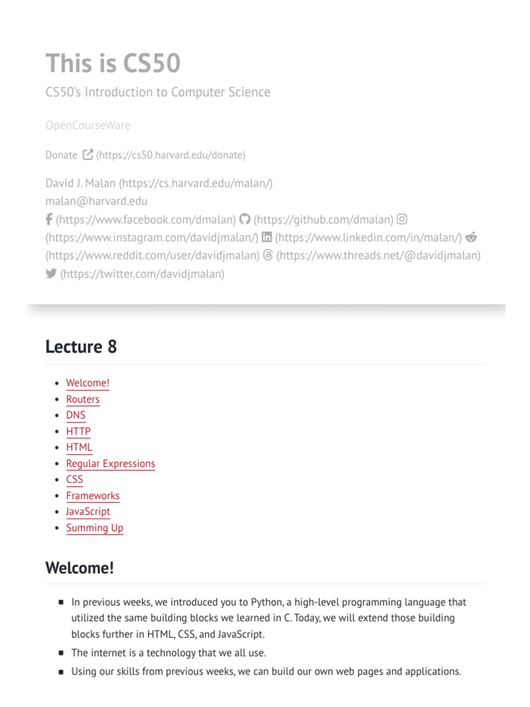 Lecture 8 - CS50x 2024 | PDF | Internet Protocol Suite | Networking Lecture 8 - CS50x 2024 | PDF | Internet Protocol Suite | Networking