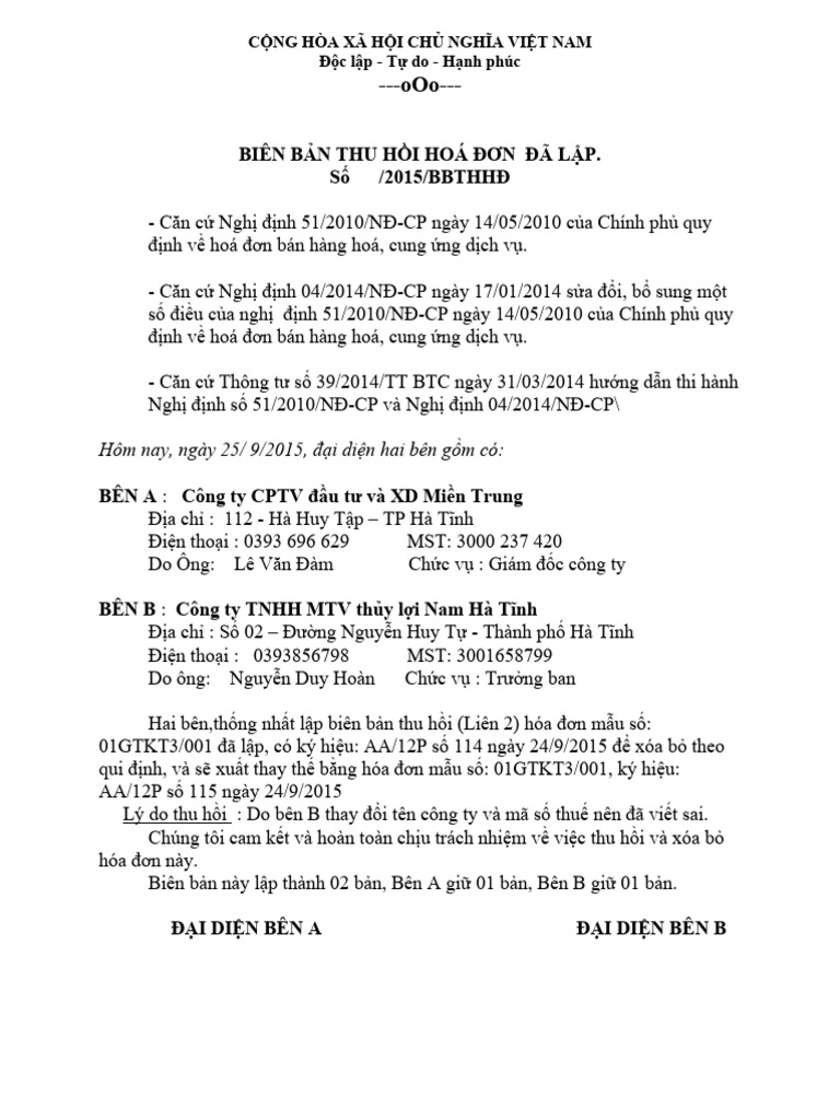 Bien Ban Thu Hoi Hoa Don Nam 2015 | PDF