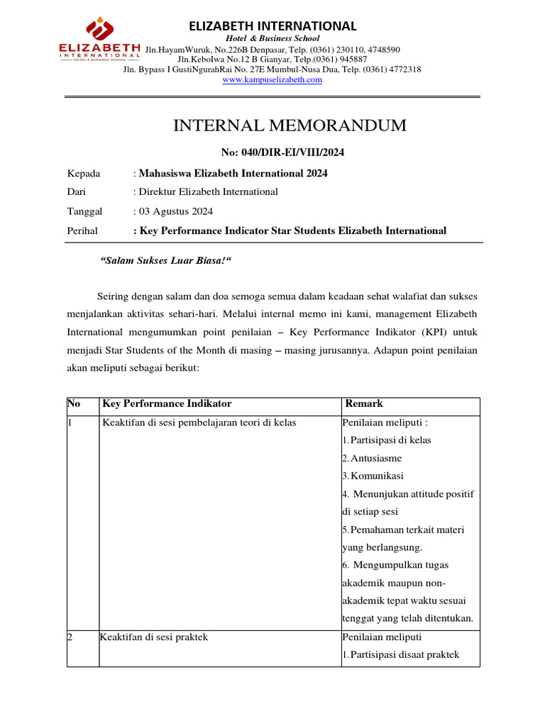 040 - Internal Memorandum 2024 - KPI Star Students Elizabeth ...