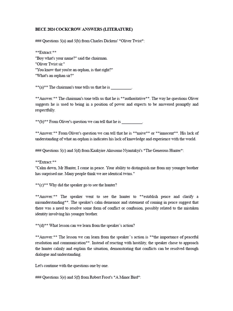 BECE 2024 Cockcrow Literature Answers | PDF | Oliver Twist
