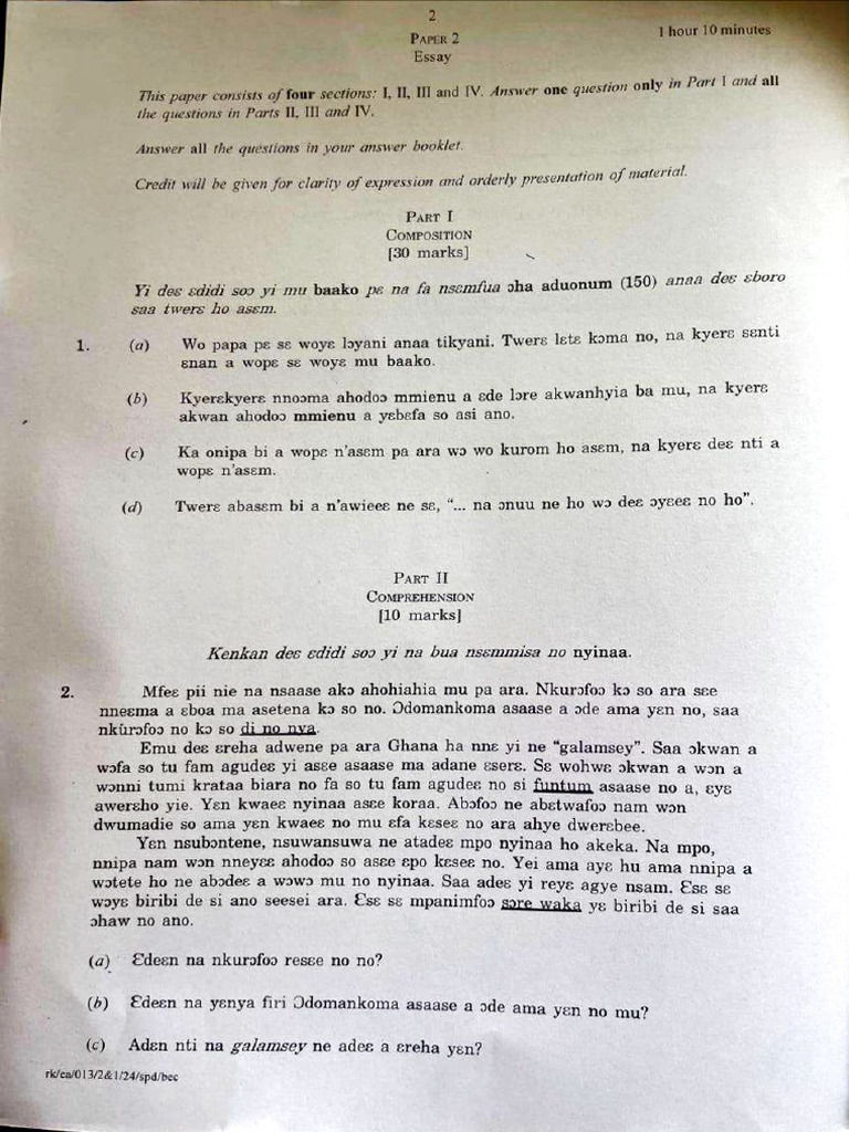 Asante Twi (Essay Test & Obj Serialized) - Bece 2024 | PDF