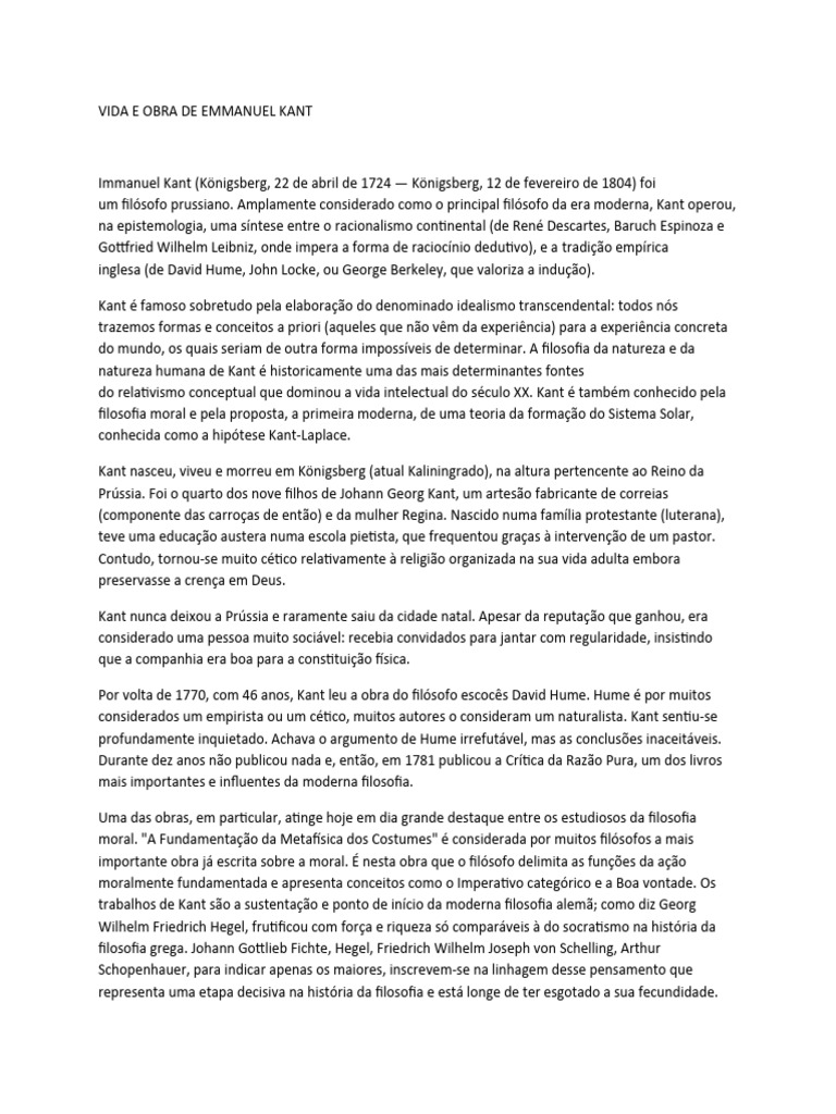 VIDA E OBRA DE Kant | PDF | Immanuel Kant | Educação em Artes Liberais