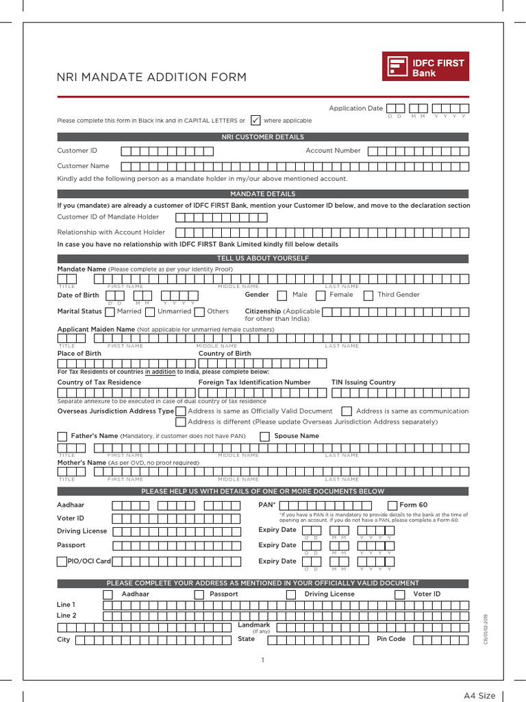 IDFC First Bank Mandate Addition Form | PDF | Cheque | Banks
