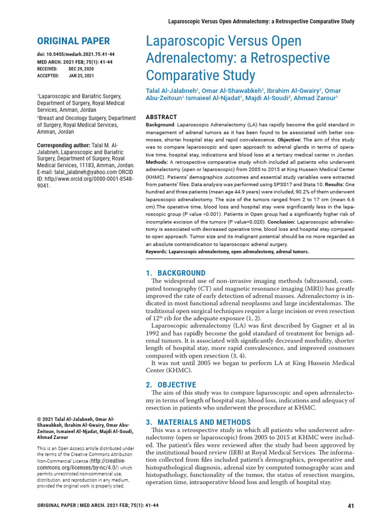 2020 - Laparoscopic Versus Open Adrenalectomy: A Retrospective ...