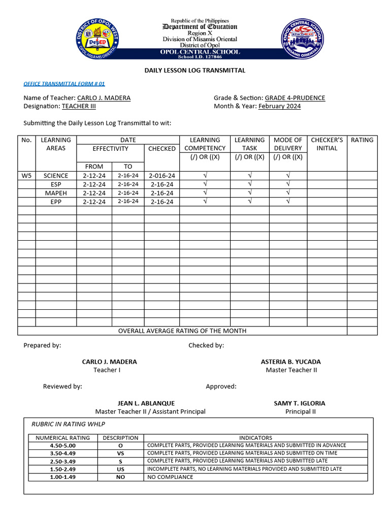 Daily Lesson Log Transmittal Form | PDF | Rubric (Academic ...
