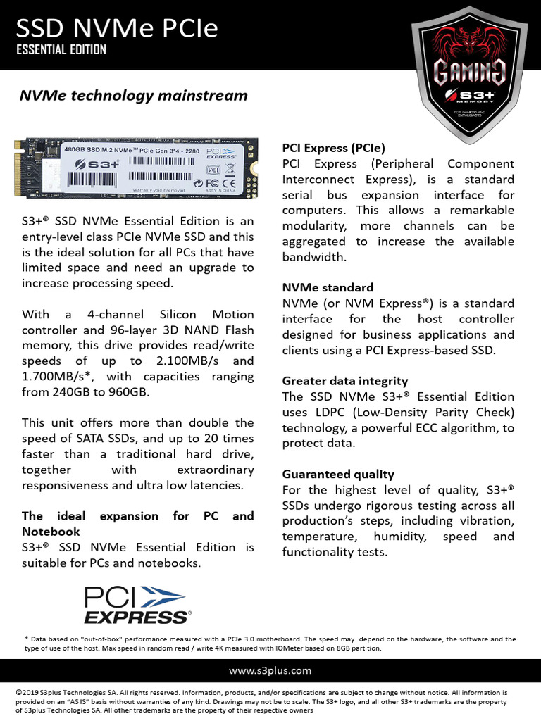 S3+ NVMe SSD Essential Edition Specs | PDF | Solid State Drive ...
