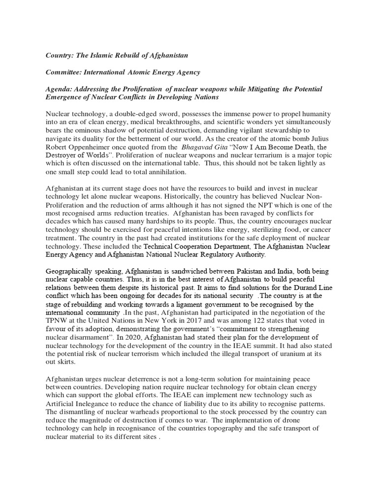 Dxbmun23 Postionpaper Afghanistan | PDF | Nuclear Weapons | Artificial ...