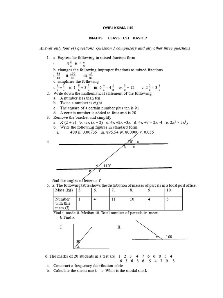Oyibi Kkma Jhs Basic 7 Maths Test | PDF
